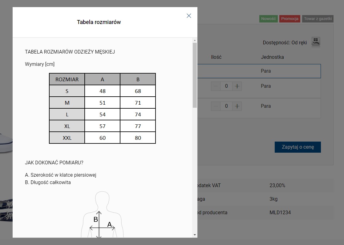 Tabela rozmiarów w szablonie Szafir – Centrum Pomocy Comarch e-Sklep